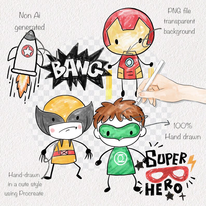 Cute Hero Hand Drawn ,doodle Clipart, Seamless Pattern, Instant ...
