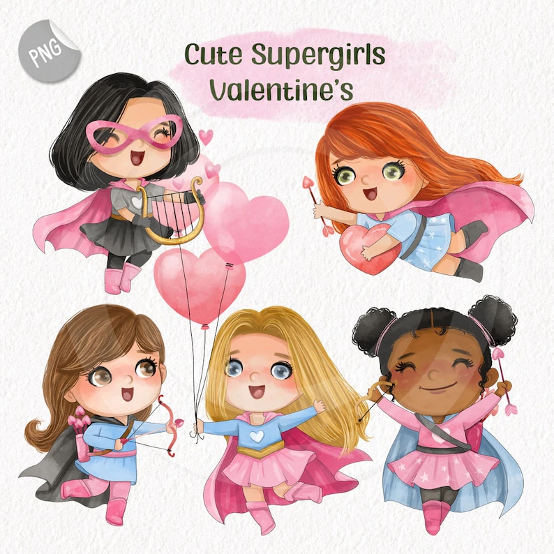 Cute Super Girls Valentine's Clipart ,hand Drawn Clipart, PNG Files 300 ...