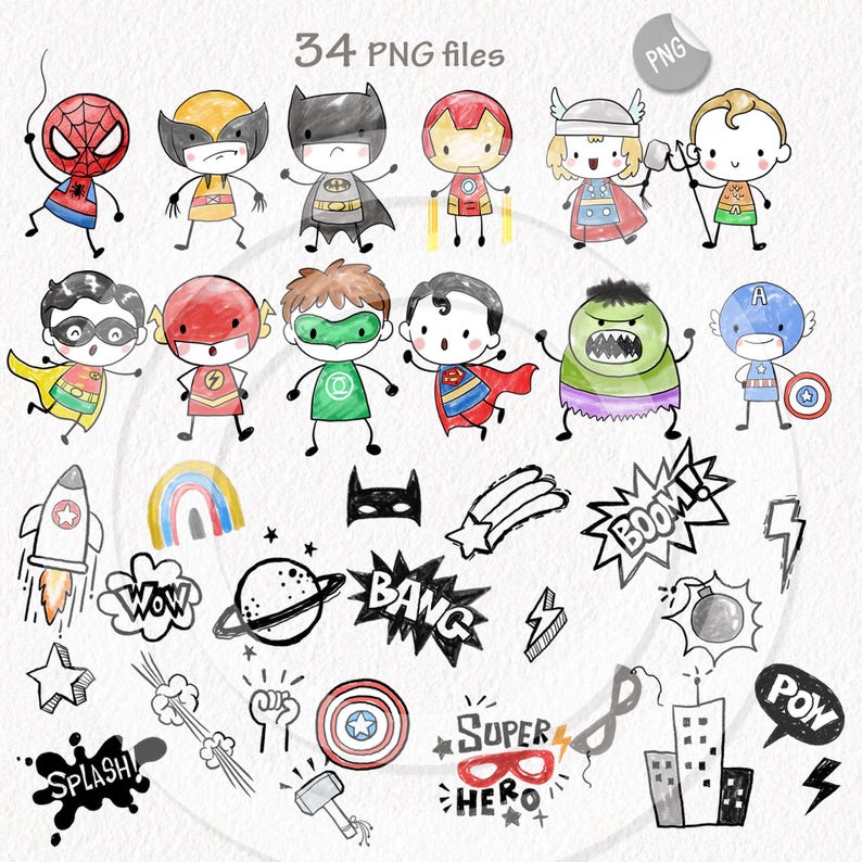 Cute Hero Hand Drawn ,doodle Clipart, Seamless Pattern, Instant ...