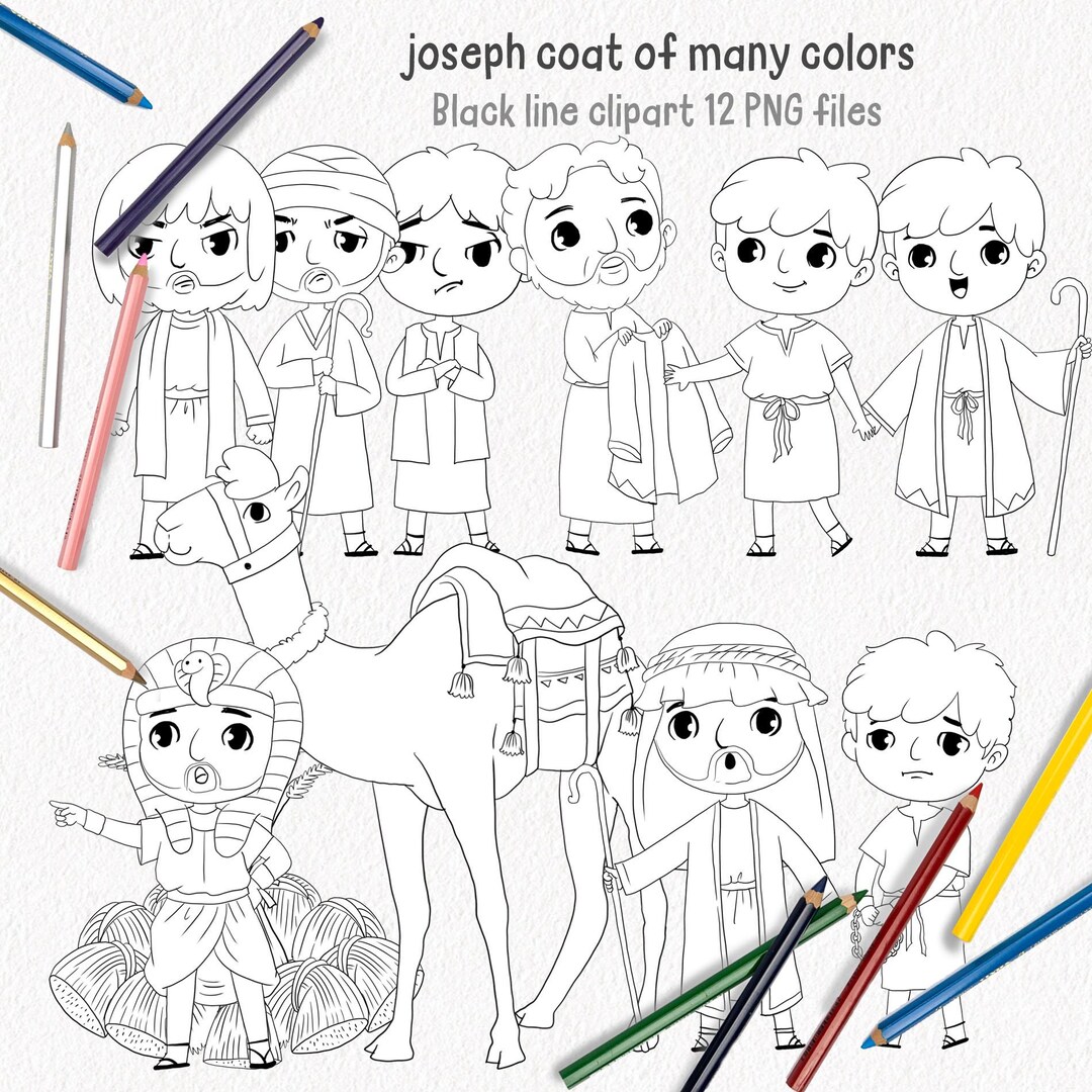Joseph Coat of Many Colors Blackline Art, Digital Stamp Clipart PNG ...