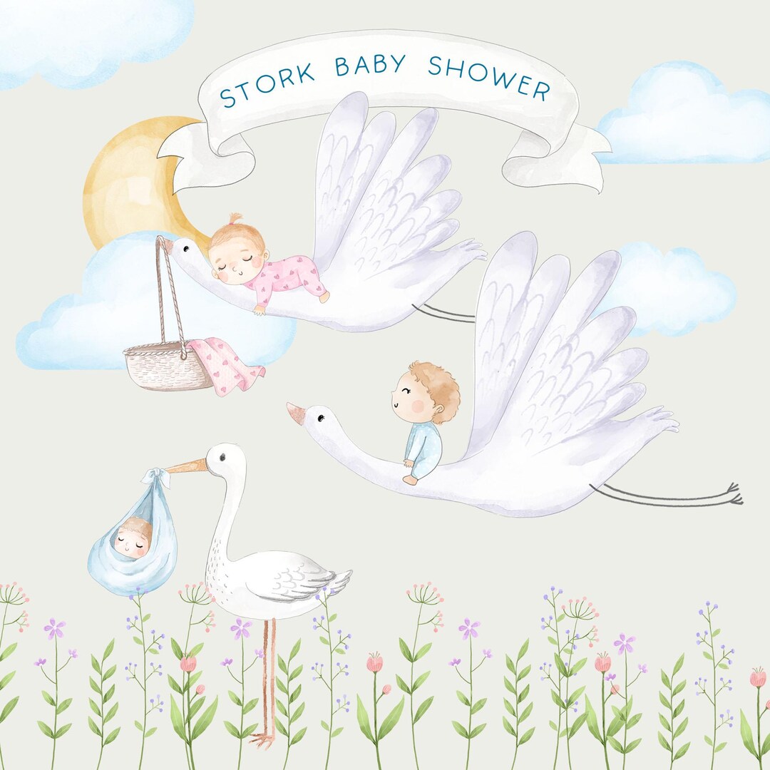 Watercolor Stork Baby Shower Clipart: PNG Files & Patterns (digital ...
