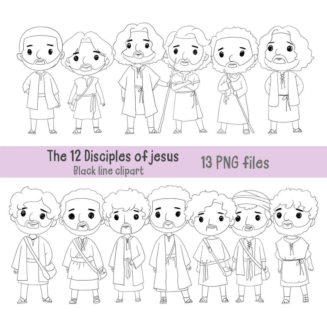 Jesus and 12 Disciples Blackline Art, Digital Stamp Clipart PNG Files ...