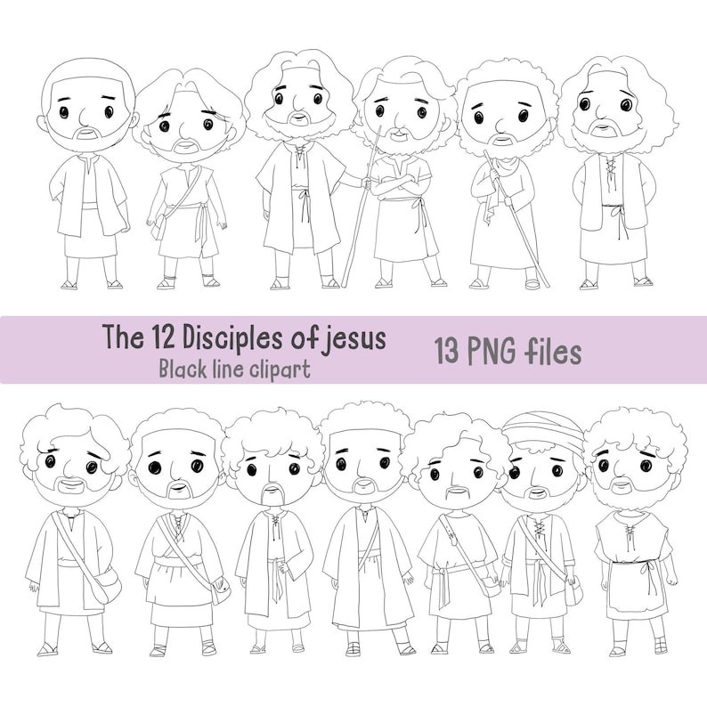 Jesus and 12 Disciples Blackline Art, Digital Stamp Clipart PNG Files ...