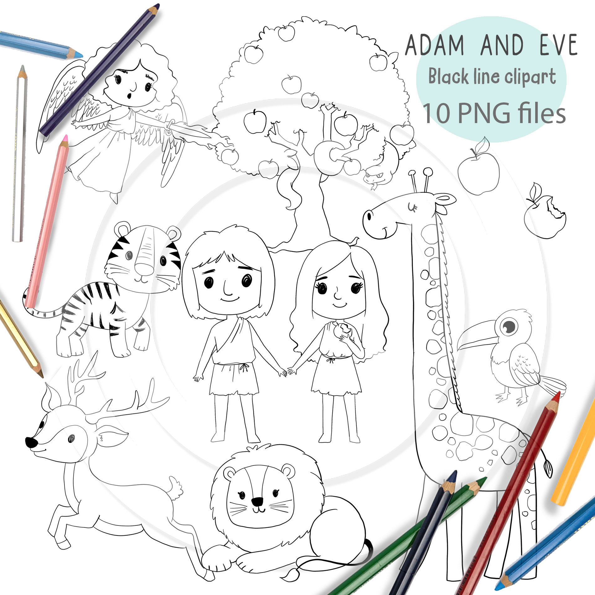 Adam and Eve Clip Art: Bible Story Blackline Art (PNG Files) - Etsy Canada