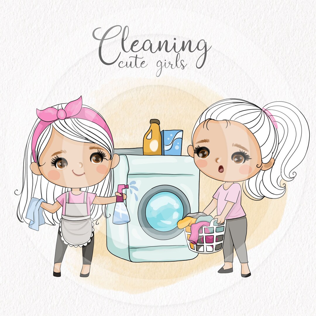 Cleaning Cute Girls Clipart ,PNG Files 300 Dpi. - Etsy
