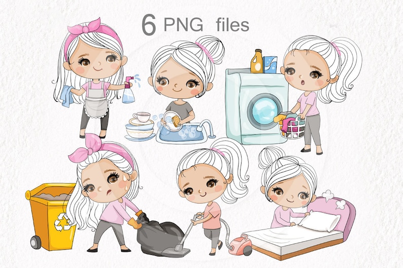 Cleaning Cute Girls Clipart ,PNG Files 300 Dpi. - Etsy