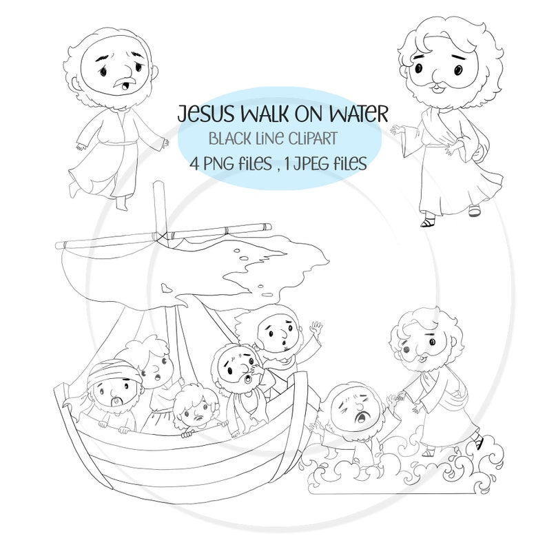 Jesus Walks on Water Blackline Art, Digital Stamp Clipart ,religion ...