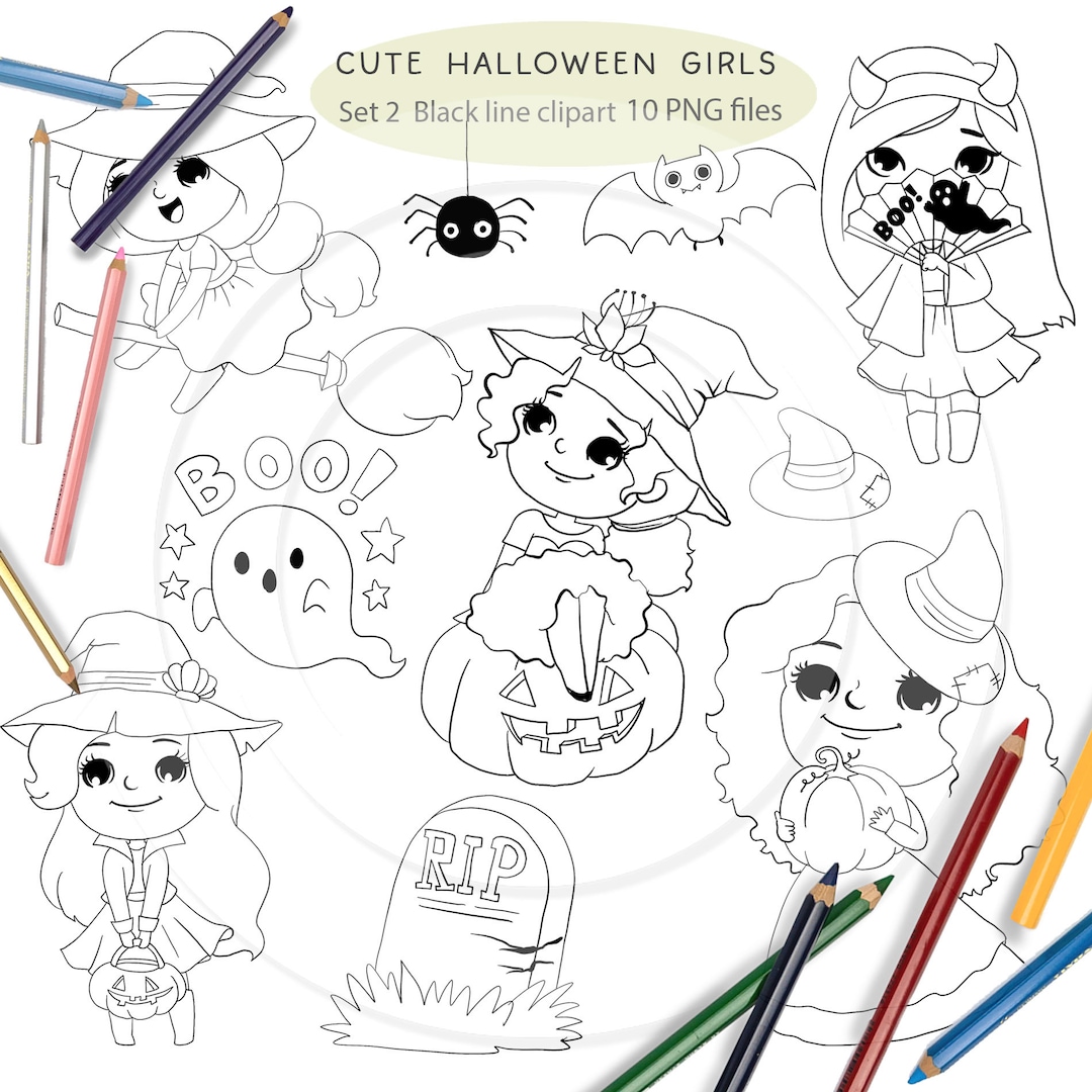 Cute Halloween Girls Clipart Set 2, Blackline Art Instant Download PNG ...