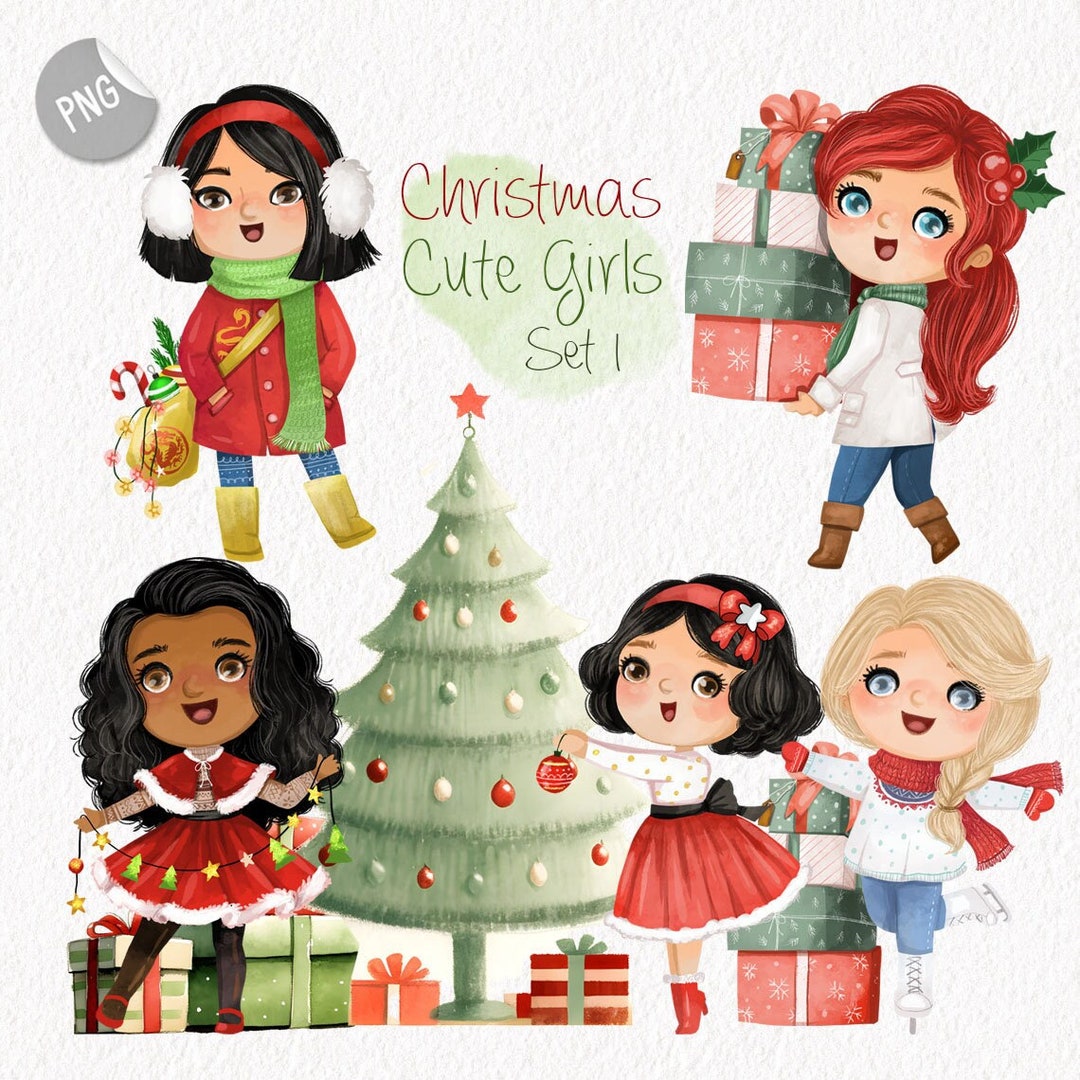 Christmas Cute Girls Clipart Set 1 , Instant Download PNG File - 300 ...