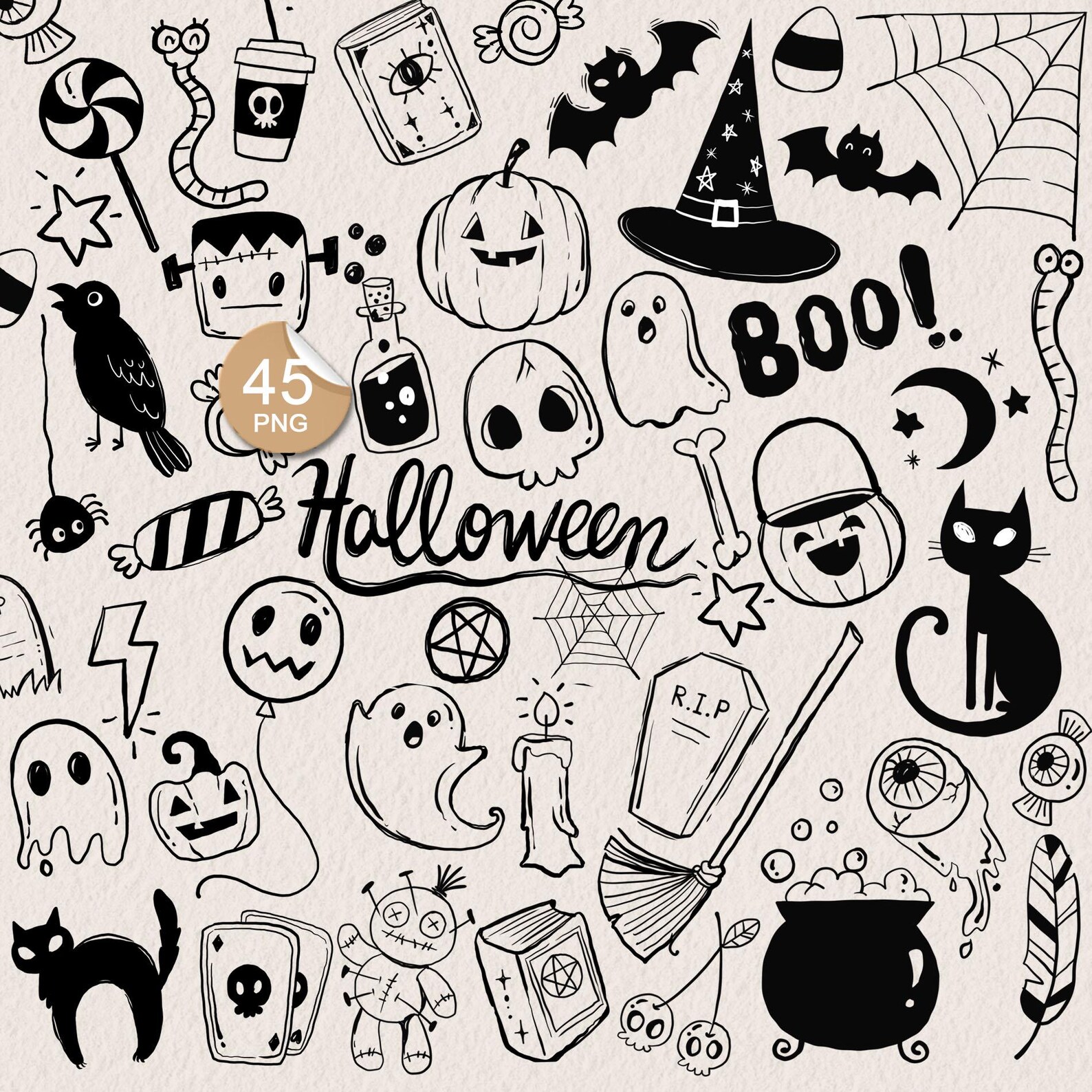 Hand Drawn Halloween, Halloween Doodle Clipart, Blackline Art Instant ...