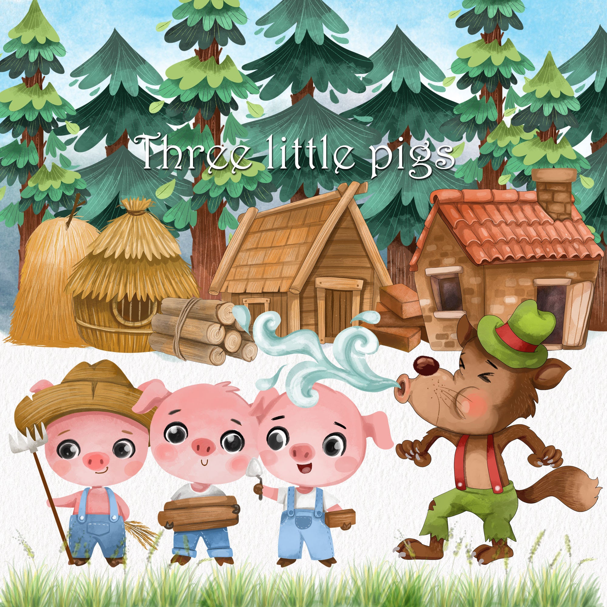 Three Little Pig Clipart Set Instant Download PNG File - Etsy UK