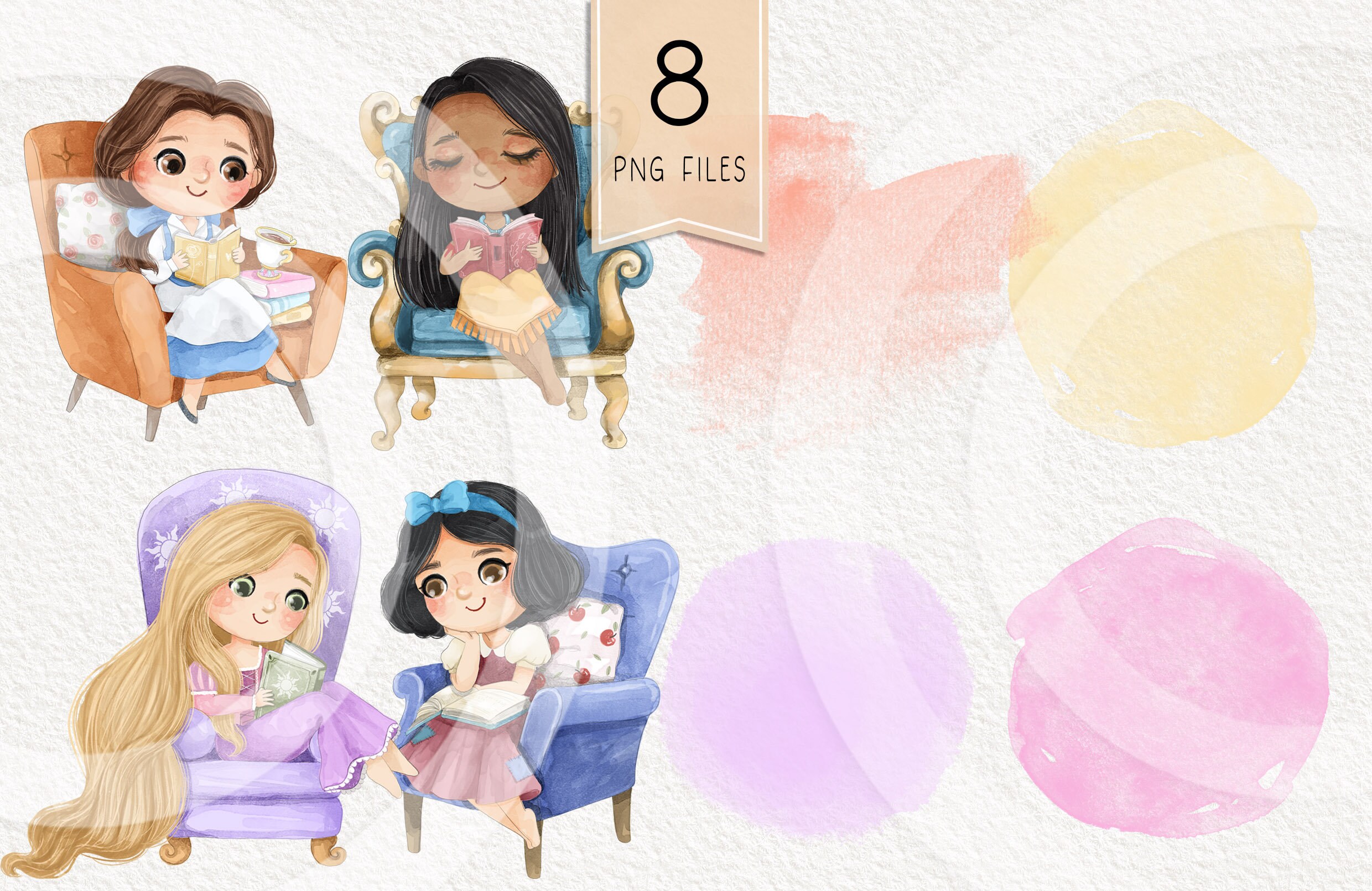 Cute Princess Reading Book Clipart Set 3, PNG Set 1,PNG Files 300 Dpi ...