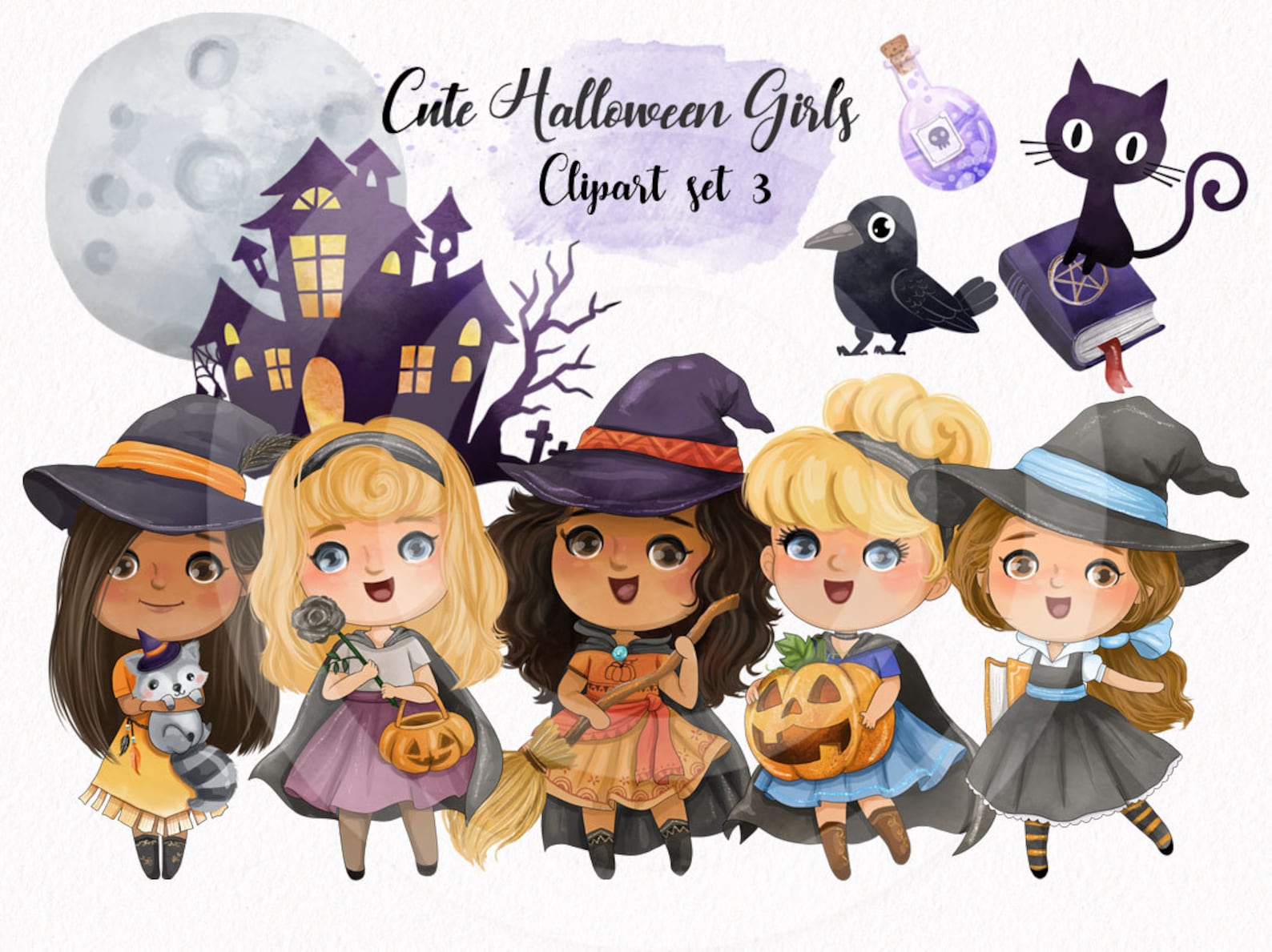Cute Halloween Girls Clipart Set 3 ,PNG Files Instant Download PNG File ...