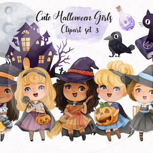 Cute Halloween Girls Clipart Set 3 ,PNG Files Instant Download PNG File ...