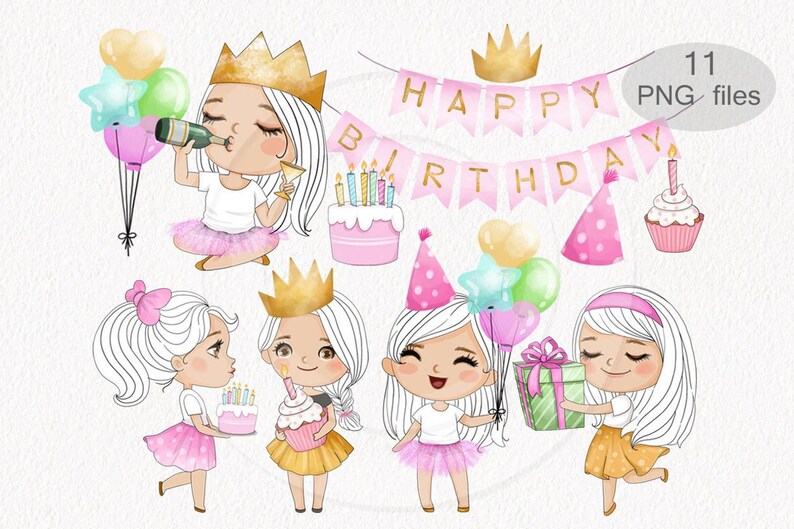 Birthdays Party Cute Girls Clipart ,PNG Files 300 Dpi. - Etsy
