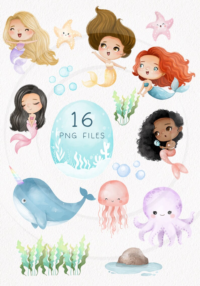 Cute Mermaids Clipart PNG Files 300 Dpi. - Etsy
