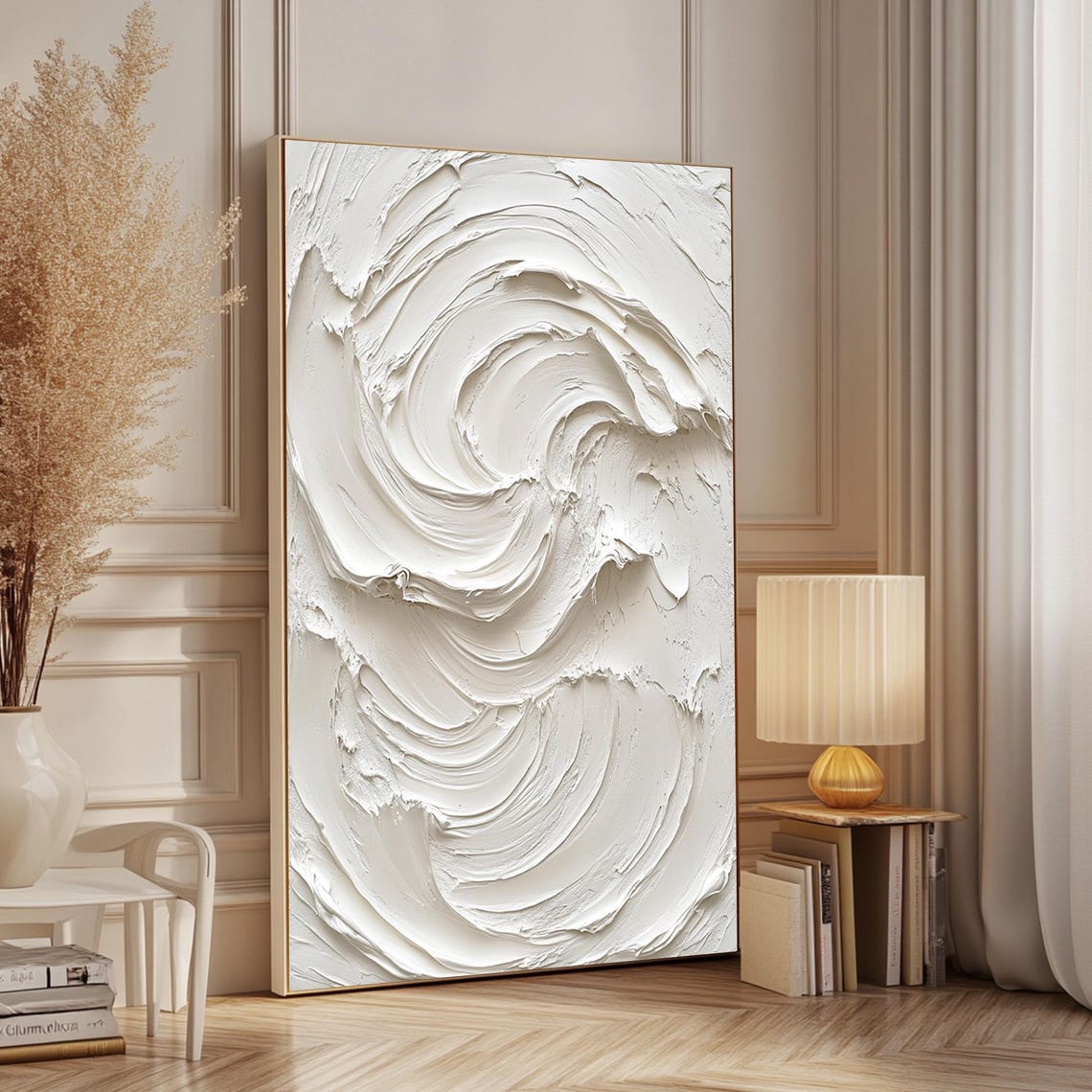 Large White 3D Textured Abstract Canvas Painting - Minimalist Wall Art ...