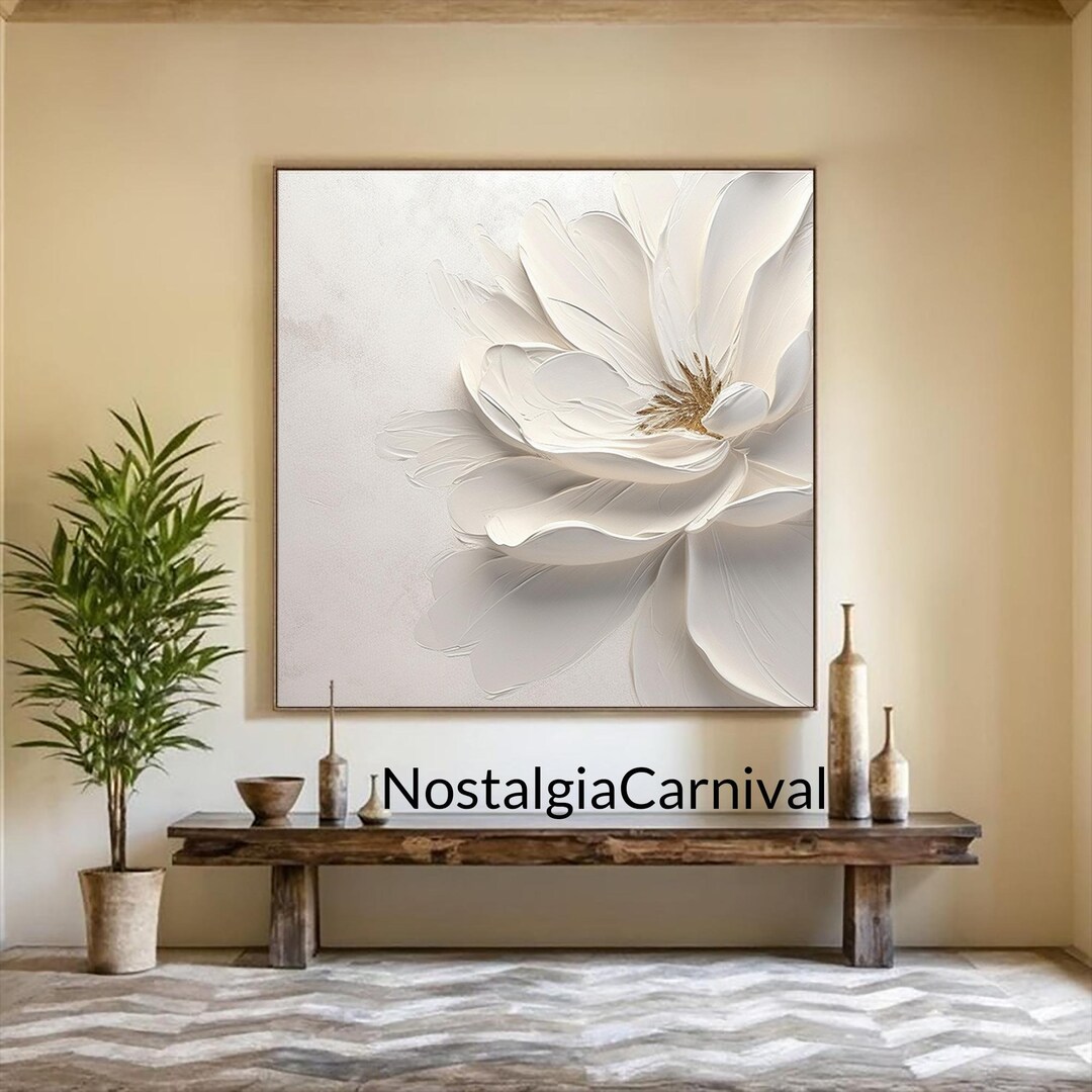 Original 3D White Flower Texture Oil Painting,minimalist 3D White ...