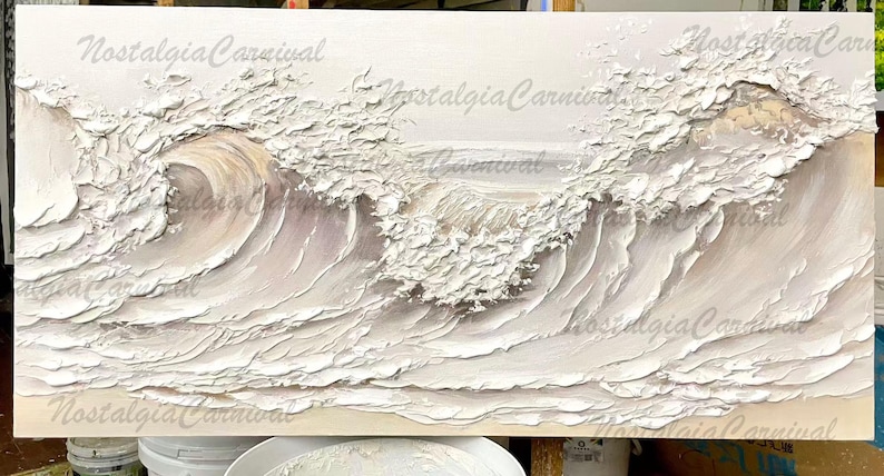 Large Beige Texture Ocean Wave Painting: 3D Beach Wall Art - Etsy