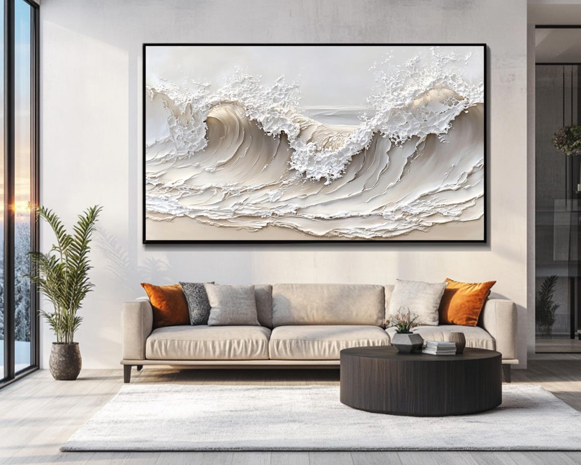Large Beige Texture Ocean Wave Painting: 3D Beach Wall Art - Etsy