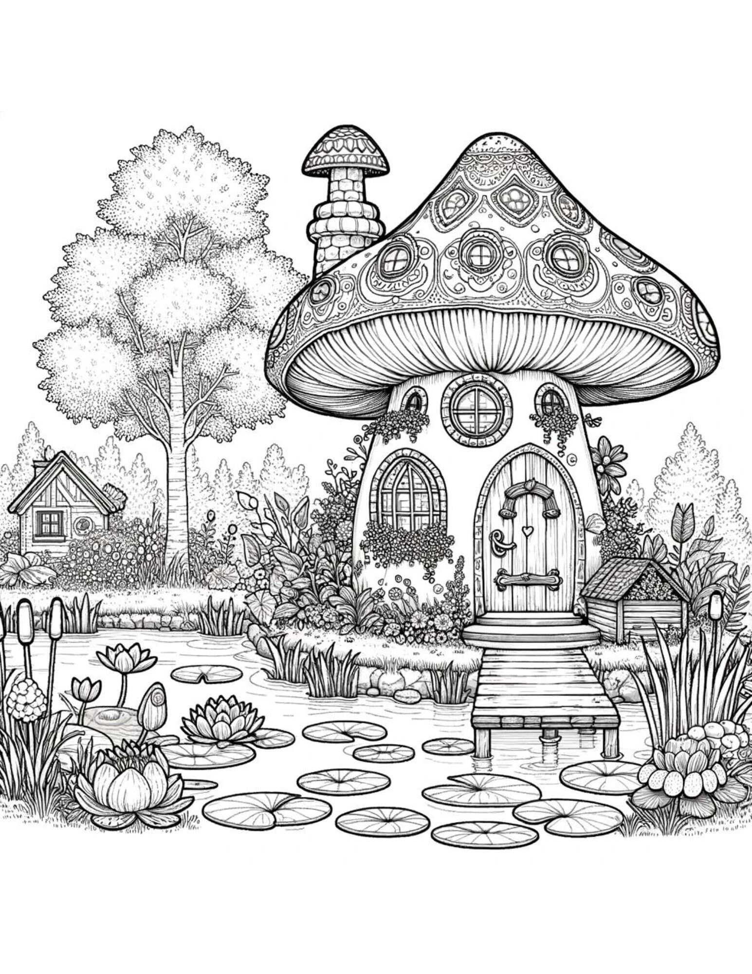 25 Enchanted Fairy Mushroom Houses Coloring Pages for Adults and Kids ...