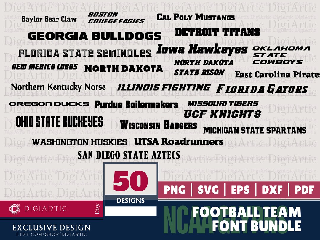 25 Football Team Font Collection SVG, DXF NCAA Glyphs Bundle, Design ...