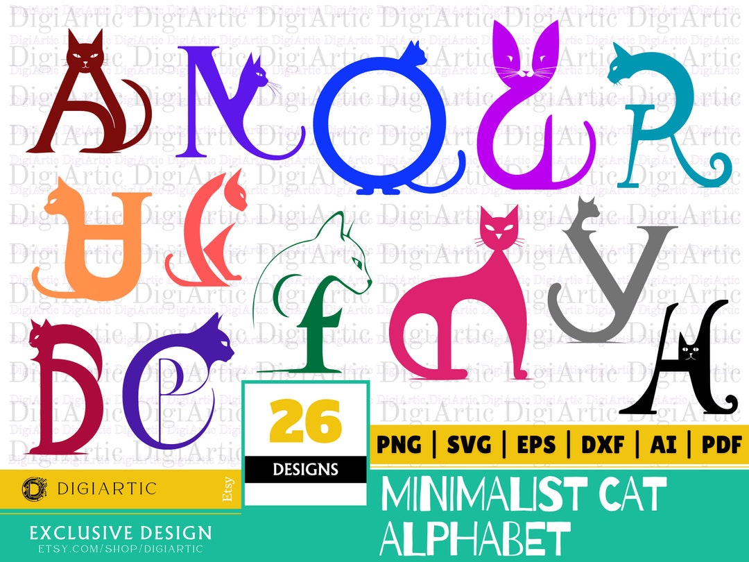 Cat Alphabet SVG, Minimalist Feline Font Graphics, Modern DXF Letters ...