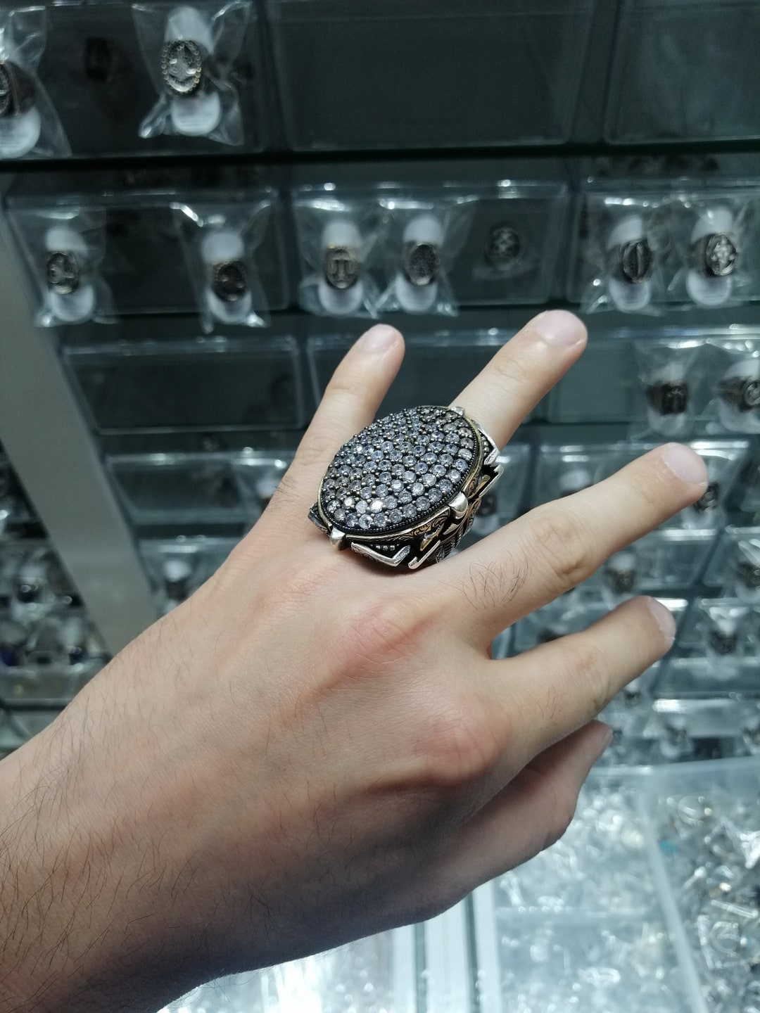 Big Sterling Silver Ring With Mini Stones: Unisex Statement Ring - Etsy