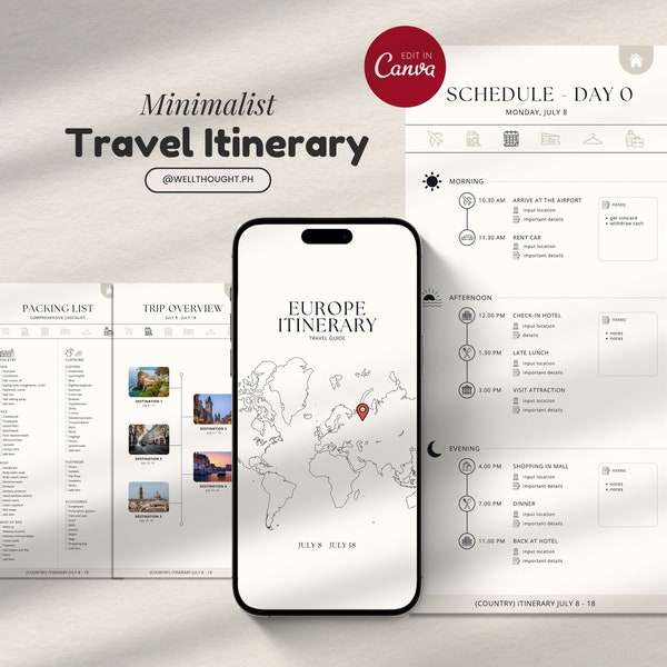 Minimalist Travel Itinerary Canva Template, Mobile Vacation Planner ...