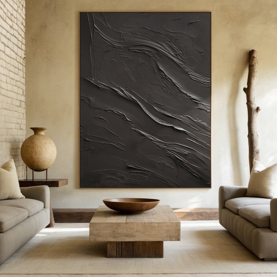 Large Black Abstract Oil Painting on Canvas, Simple Texture Wall ...