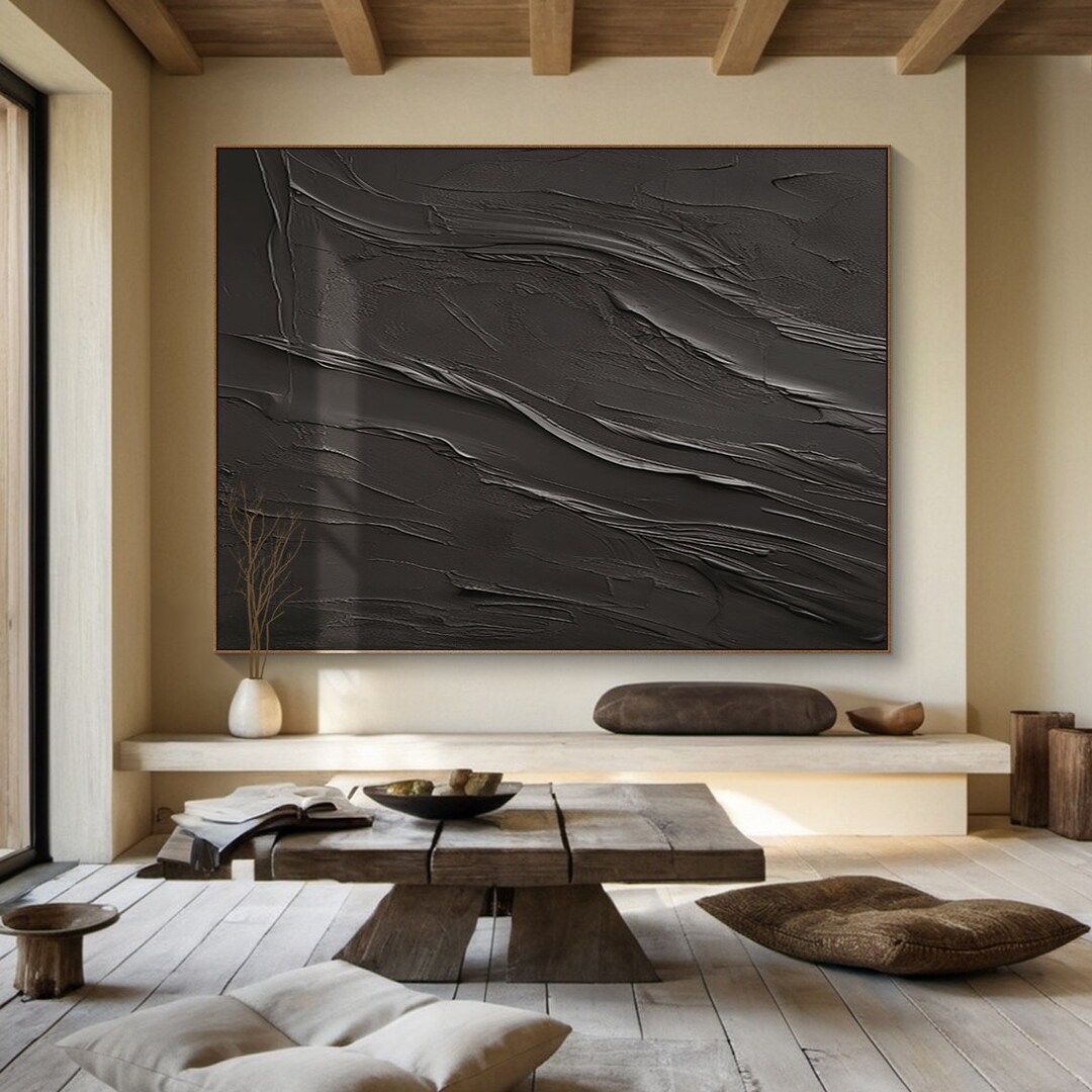 Large Black Abstract Oil Painting on Canvas, Simple Texture Wall ...