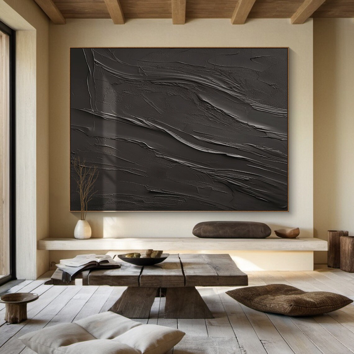 Large Black Abstract Oil Painting on Canvas, Simple Texture Wall ...