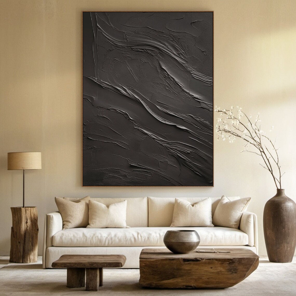 Large Black Abstract Oil Painting on Canvas, Simple Texture Wall ...