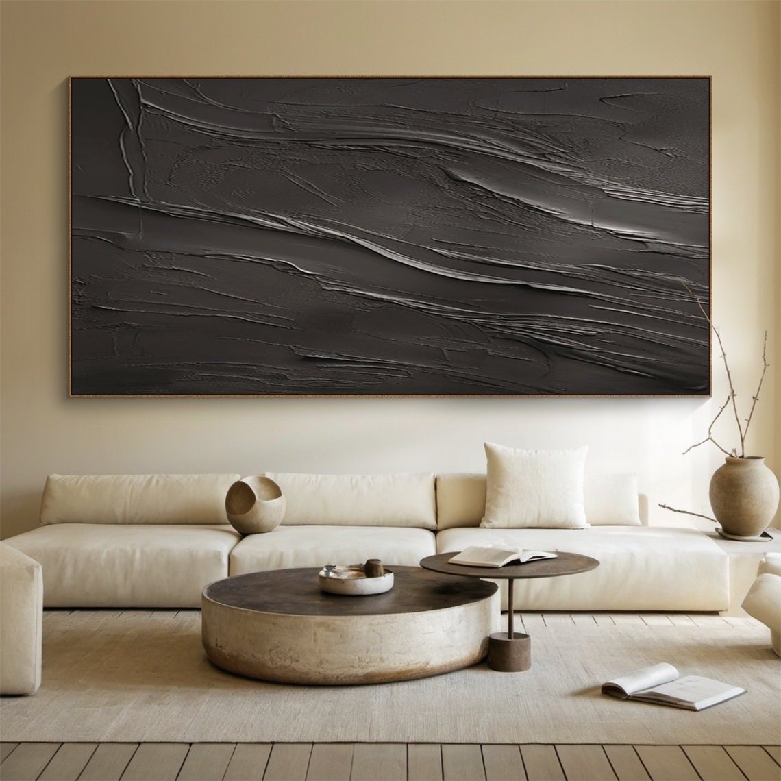 Large Black Abstract Oil Painting on Canvas, Simple Texture Wall ...