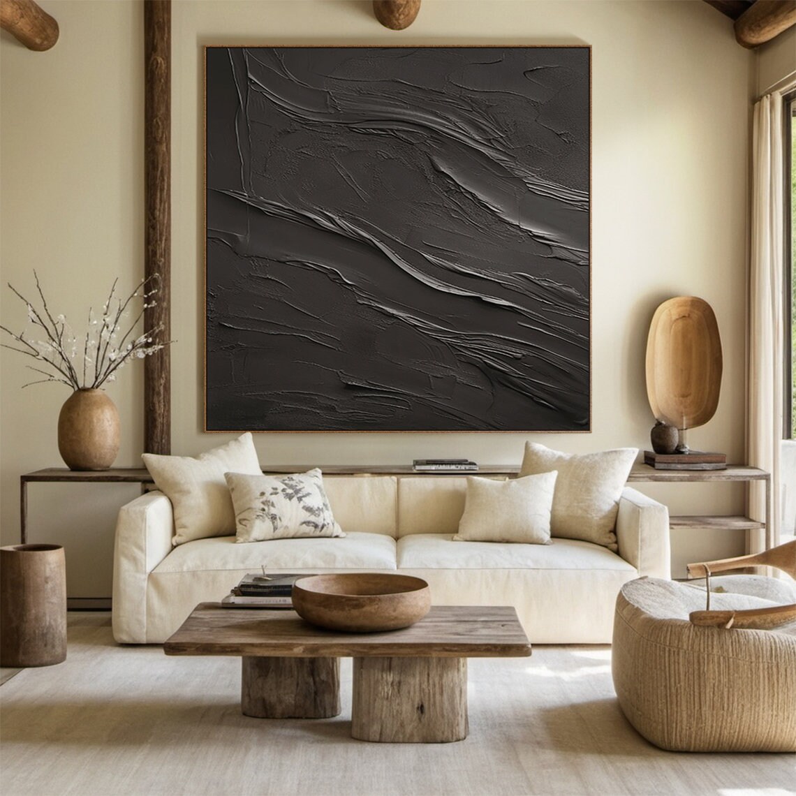 Large Black Abstract Oil Painting on Canvas, Simple Texture Wall ...