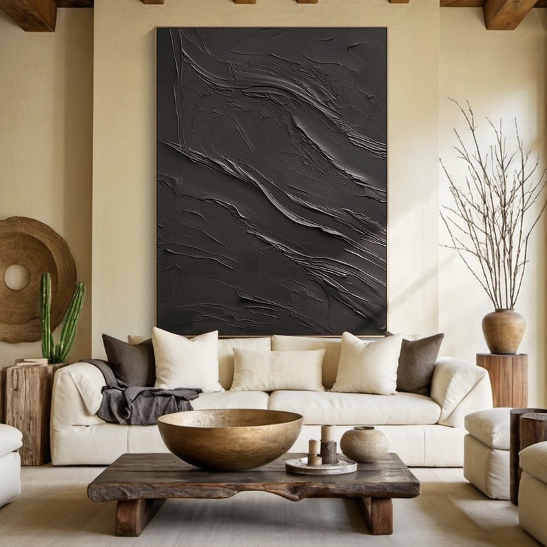 Large Black Abstract Oil Painting on Canvas, Simple Texture Wall ...