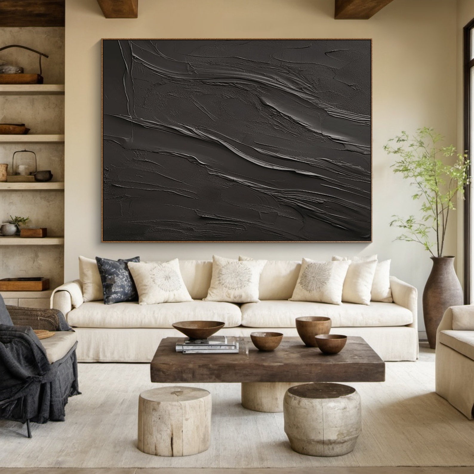 Large Black Abstract Oil Painting on Canvas, Simple Texture Wall ...