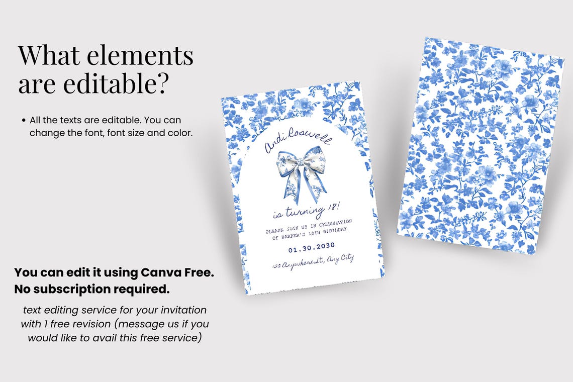 French Blue Toile Invitation Template - Editable in Canva 5x7 Size With ...
