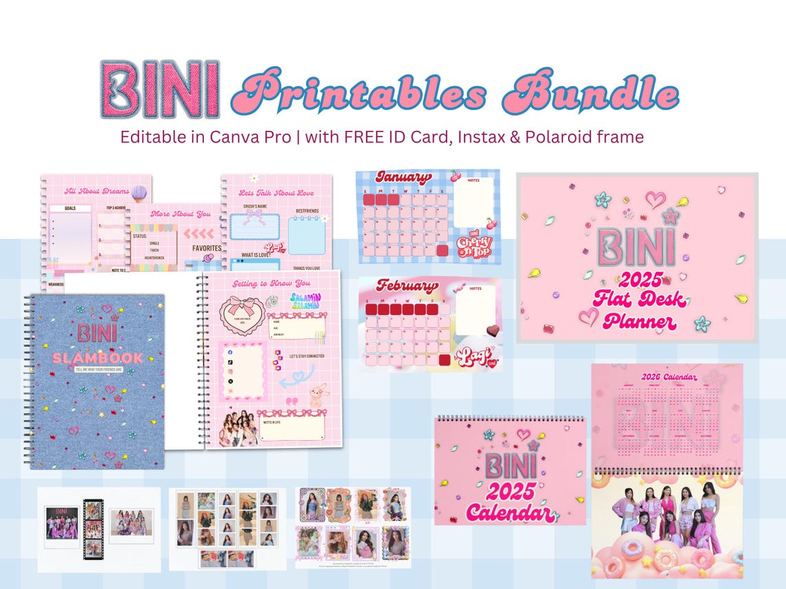 Bini Printables Bundle 2025: Cute Desk & Wall Calendars, Slam Book ...