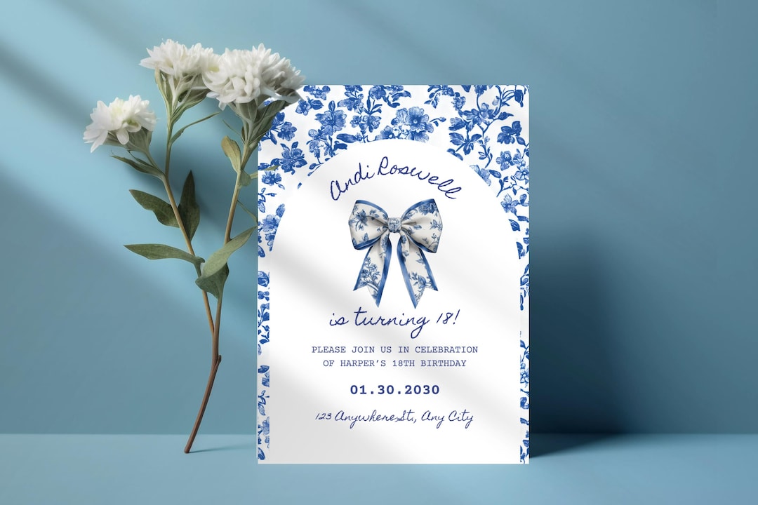 French Blue Toile Invitation Template - Editable in Canva 5x7 Size With ...