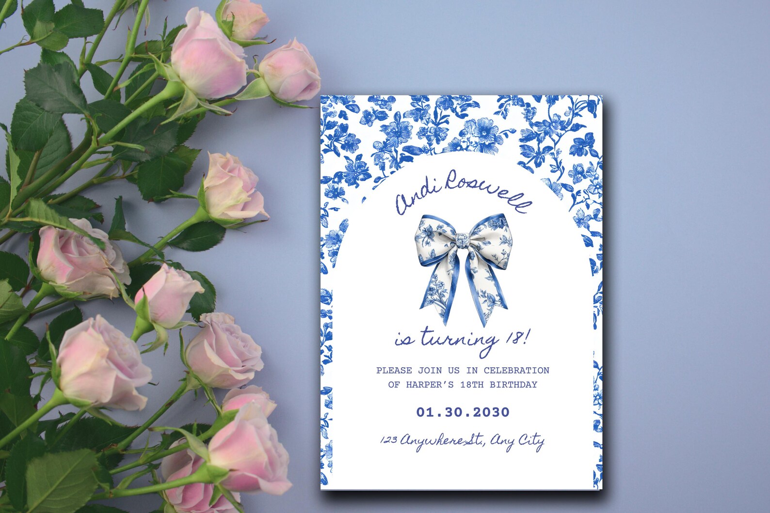 French Blue Toile Invitation Template - Editable in Canva 5x7 Size With ...