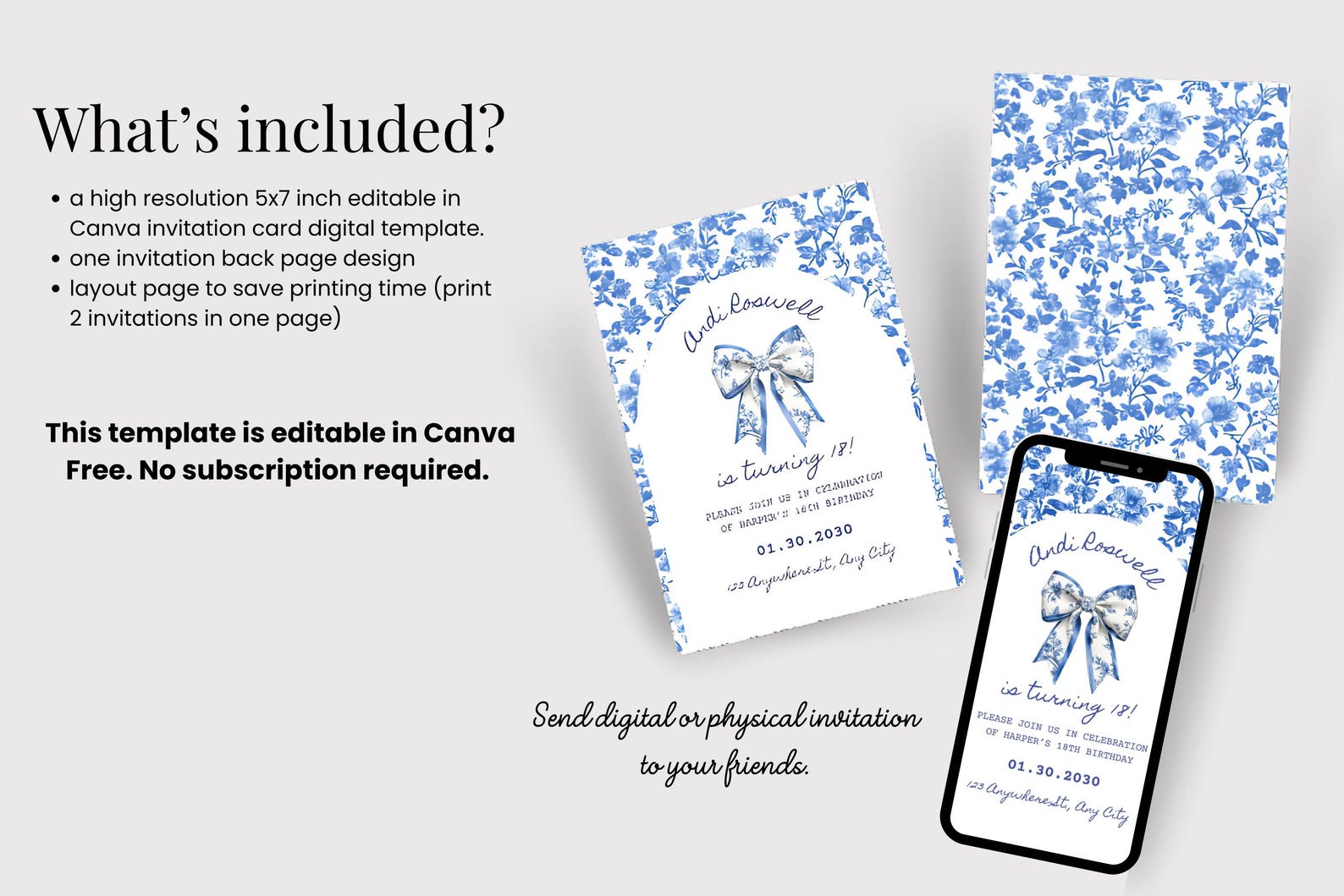 French Blue Toile Invitation Template - Editable in Canva 5x7 Size With ...