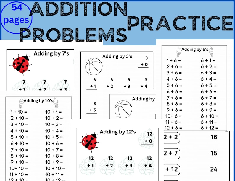 Math Worksheets|addition Practice 1-12|addition Printables|kindergarten ...