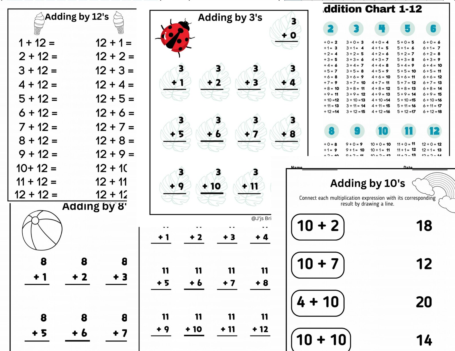 Math Worksheets|addition Practice 1-12|addition Printables|kindergarten ...