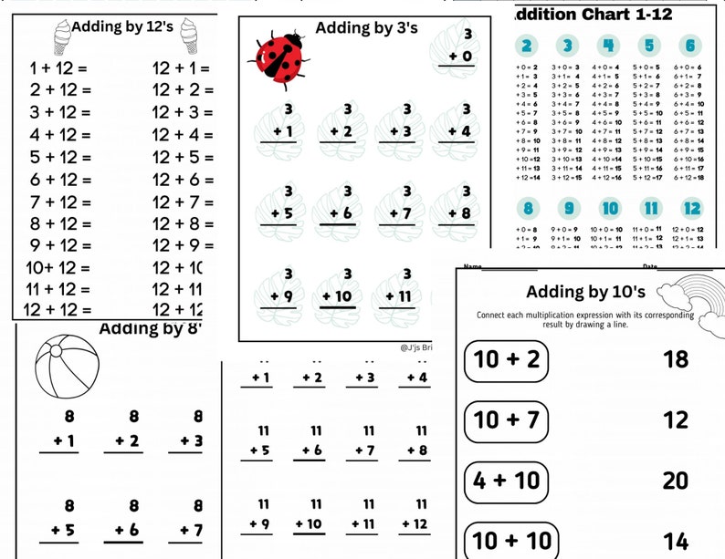 Math Worksheets|addition Practice 1-12|addition Printables|kindergarten ...