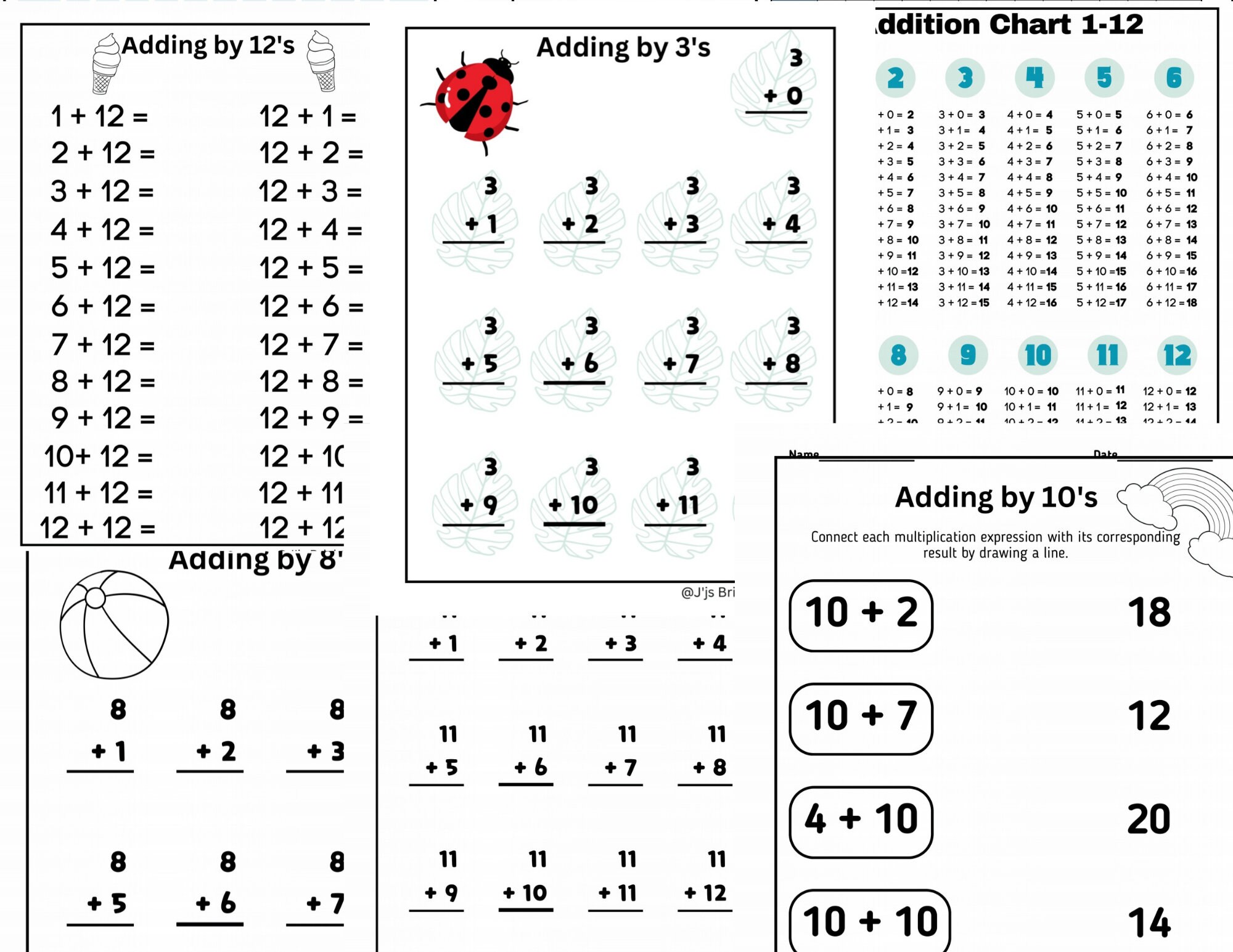 Math Worksheets|addition Practice 1-12|addition Printables|kindergarten ...