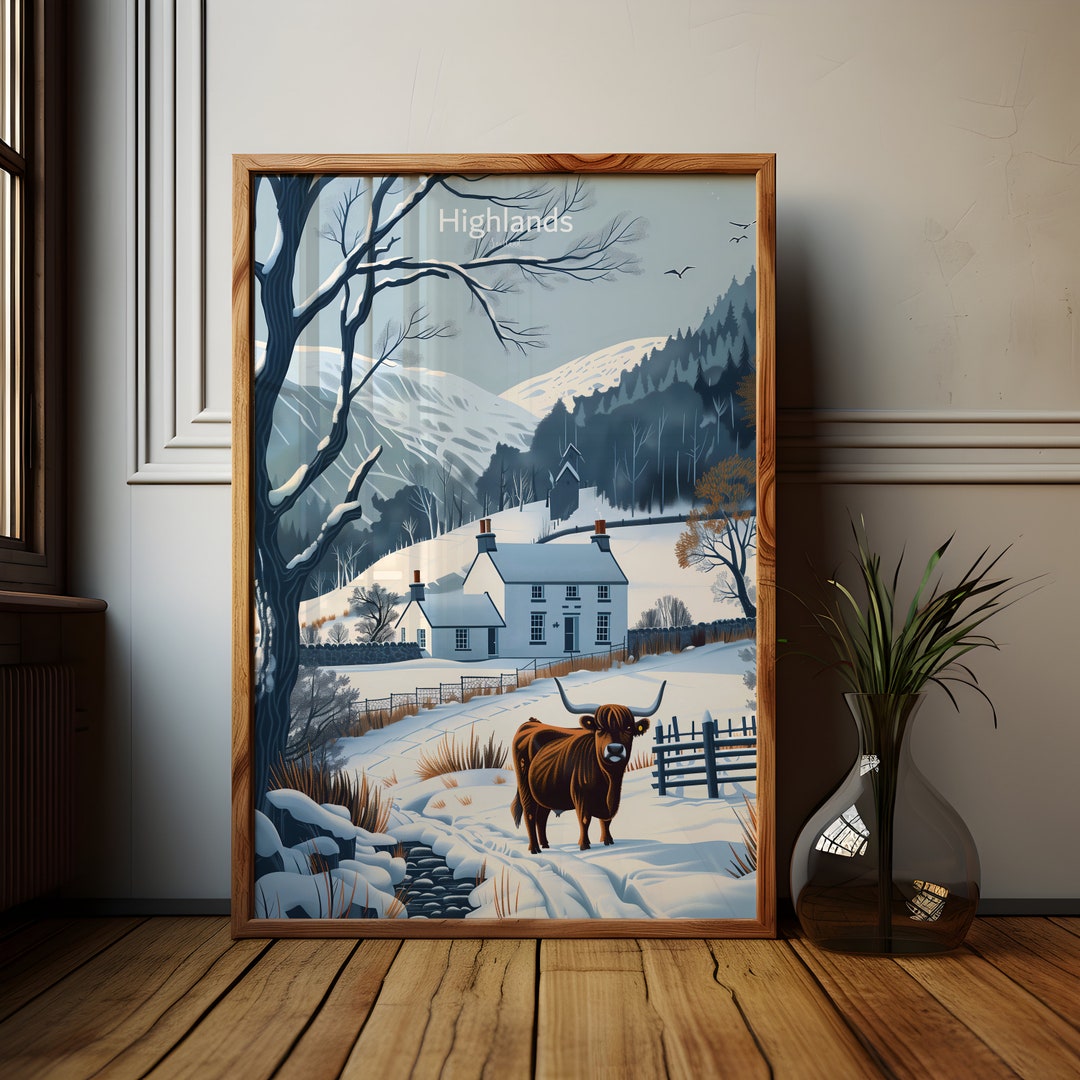 Scottish Highlands Poster Scotland in Winter, Highland Cattle Picture ...