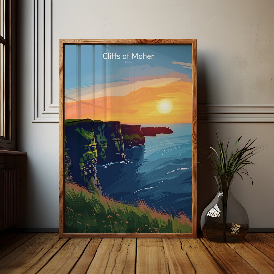 Cliffs of Moher Poster, Sunset Picture, Green Island Wall Art, Digital ...