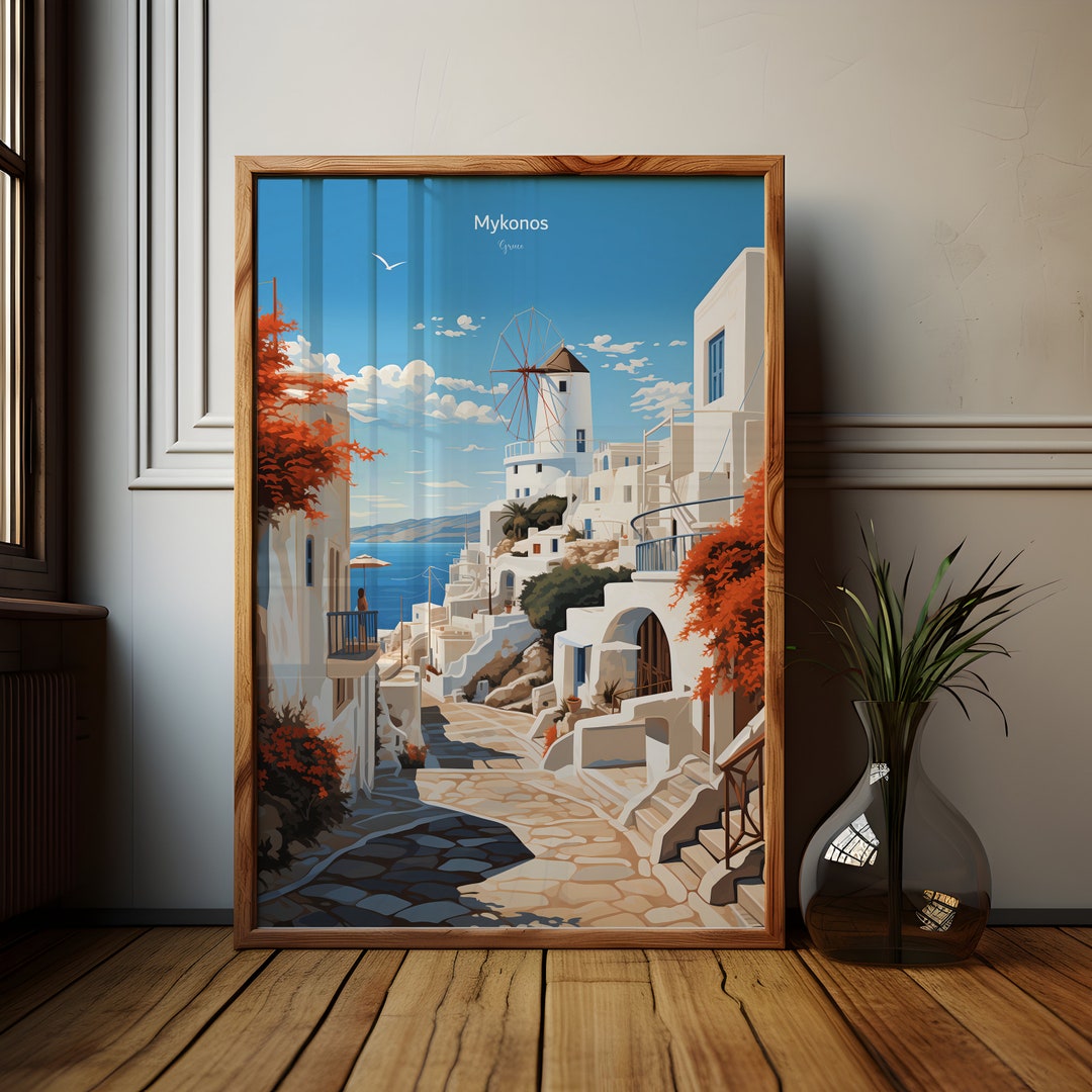 Mykonos Greek Island Poster, Greek Art, Village Greek Island Wall Art ...