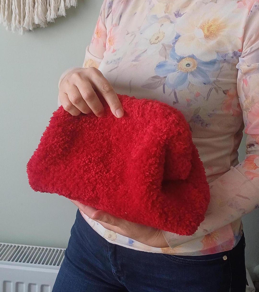 Red Teddy Plush Clutch Bag,sherpa Fluffy Cloud Bag,crochet Faux Fur Bag ...